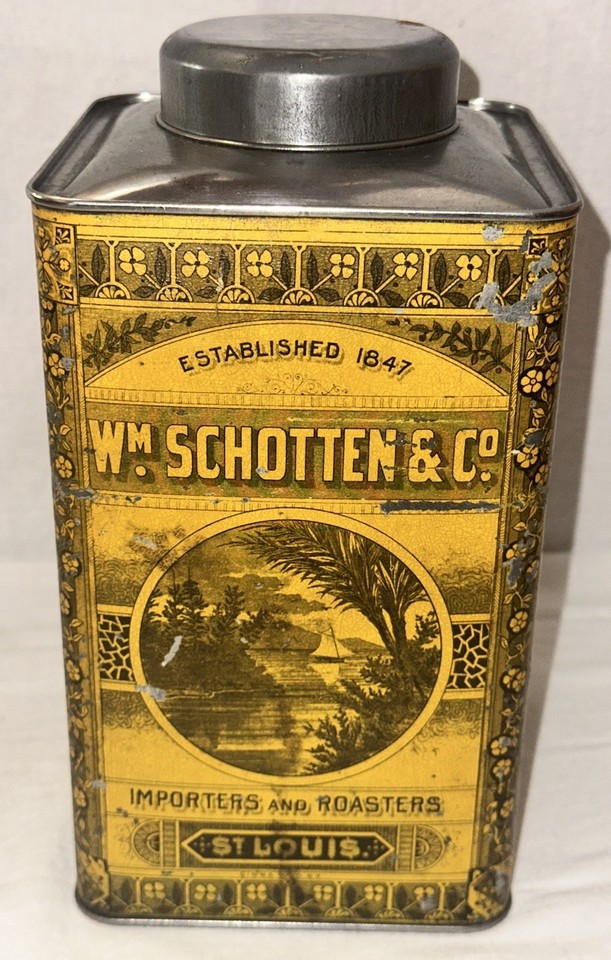 ANTIQUE WM SCHOTTEN COFFEE ROASTER TIN LITHO CAN EARLY ST LOUIS MO ...