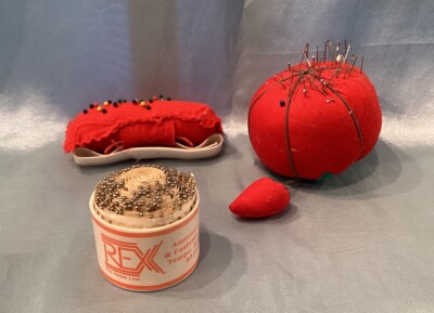 Vintage Tomato Sewing Pin Cushion Plus Wrist Pin Holder & Rex Desk Pins ...