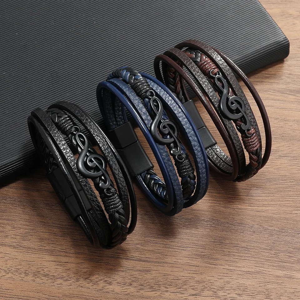 Bracelets For Men New Retro Creative Music Symbol Simple Leather Multi ...