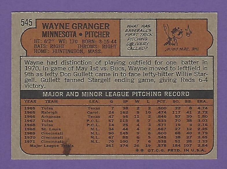 1972 Topps - #545 Wayne Granger - Minnesota Twins - ExMt+ CENTERED | eBay
