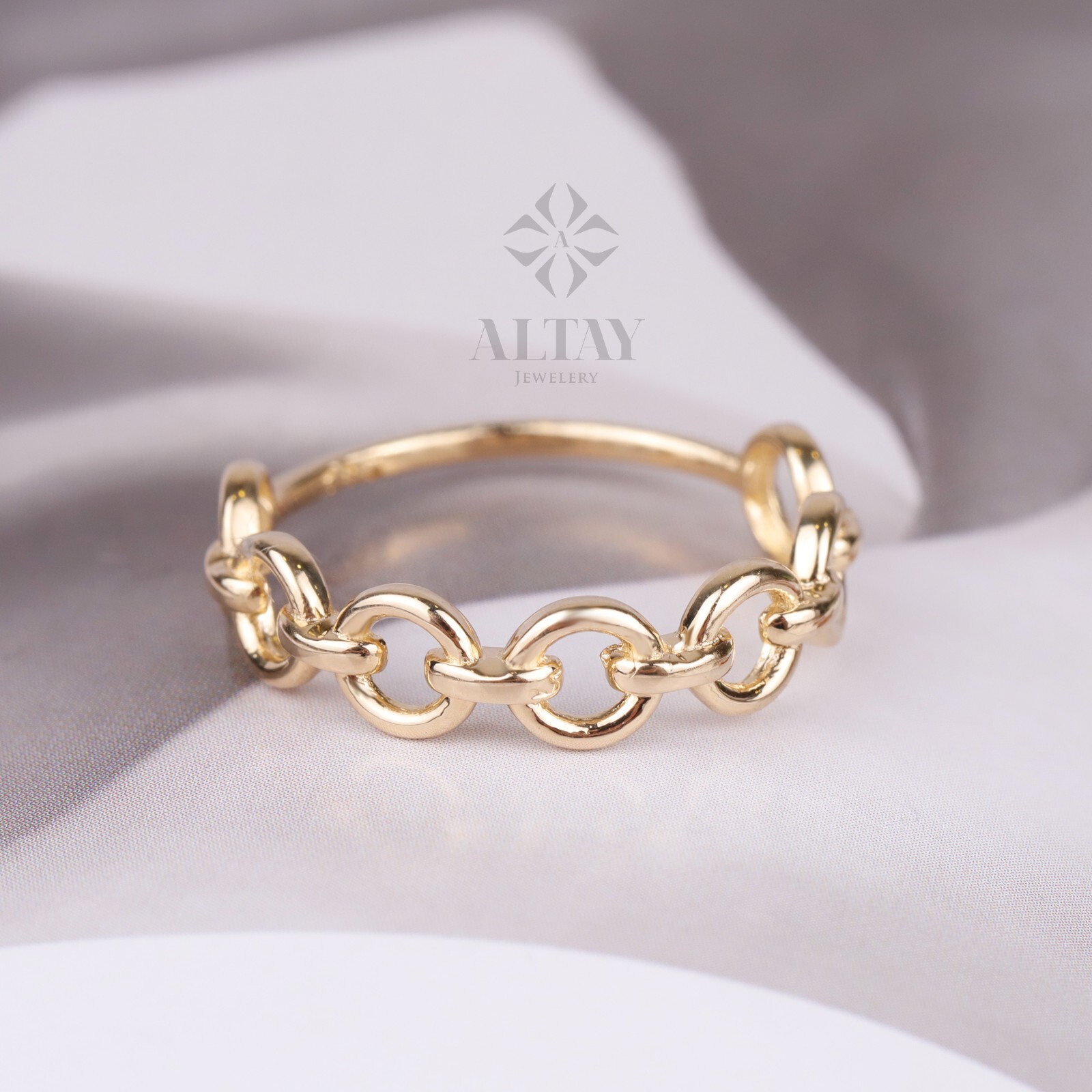 14K Gold Chain Ring, Chain Round Link Ring, Belt Chain Rolo Ring Bold ...