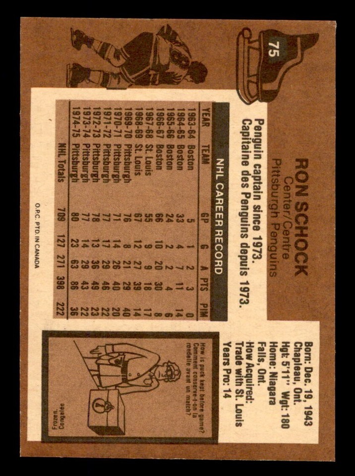 1975 OPC O-Pee-Chee Hockey #75 Ron Schock EX/MT *e2 | eBay