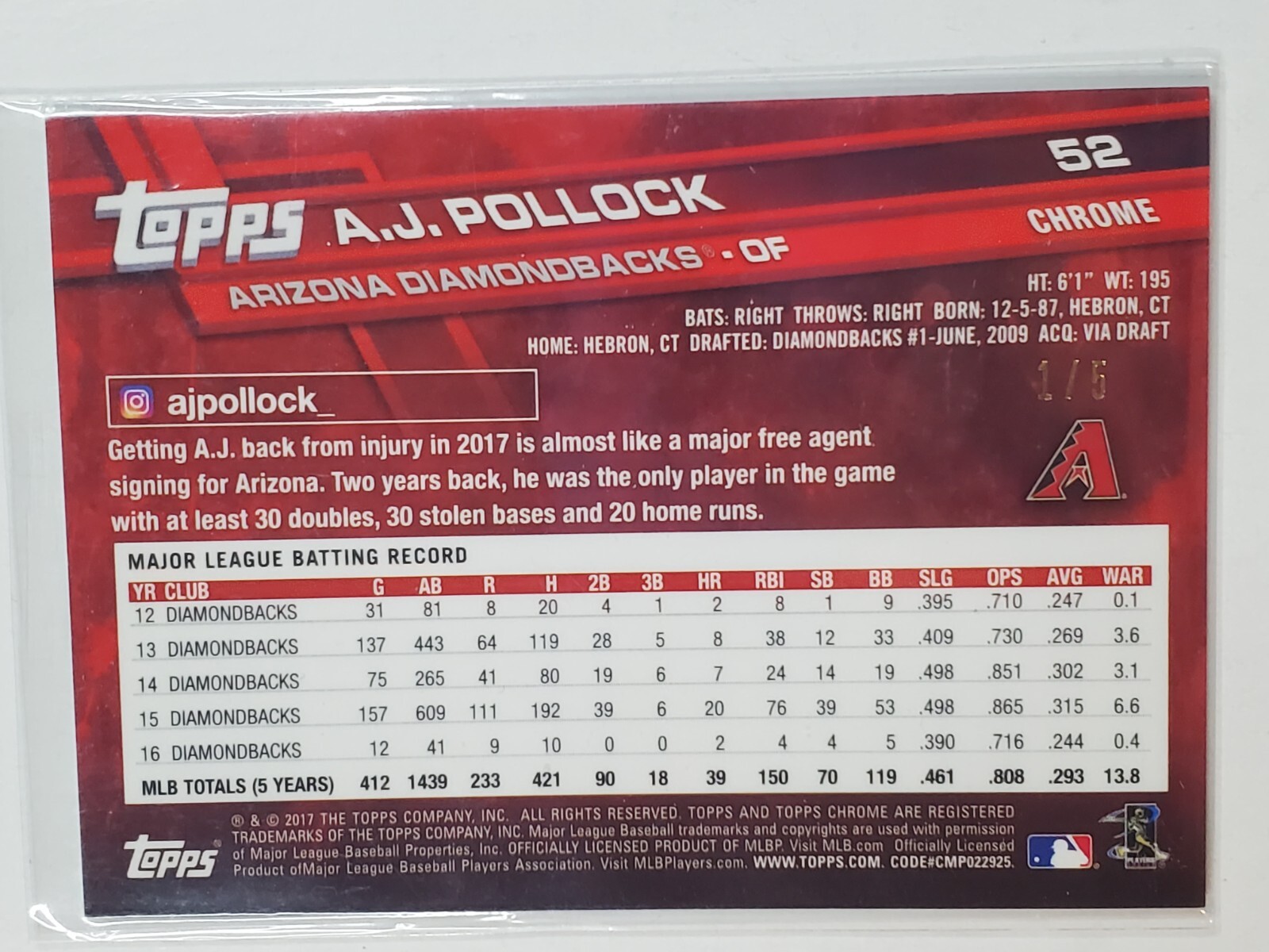 2017 Topps Chrome - A.J. Pollock #52 Red Refractor /5 for sale online ...