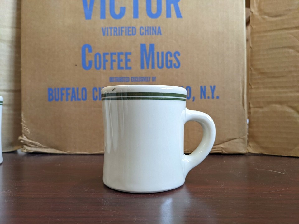 Victor Coffee Mug White w/Green hand Painted Stripes Vintage Diner ...