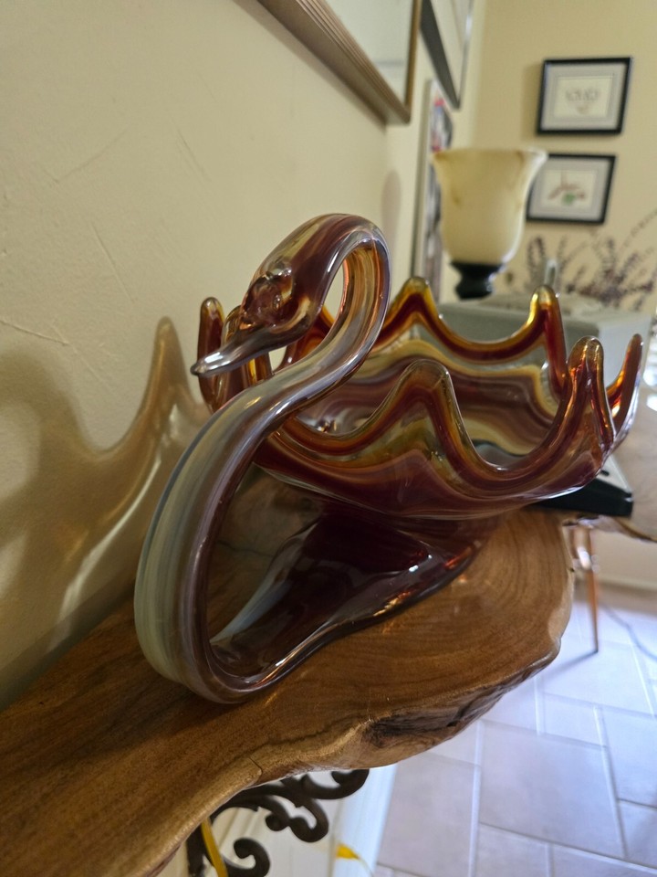 Mid Century Hand Blown Sooner Glass Swan Bowl Brown/white/blue/and ...