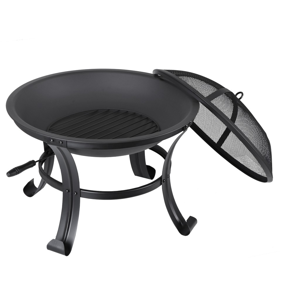 22" Outdoor Wood Burning Fire Pit with Mesh Lid and Fire Picker for ...