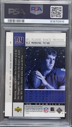 ELI MANNING 2004 UPPER DECK ROOKIE PREMIERE ROOKIE RC #1 PSA 9 MINT ...