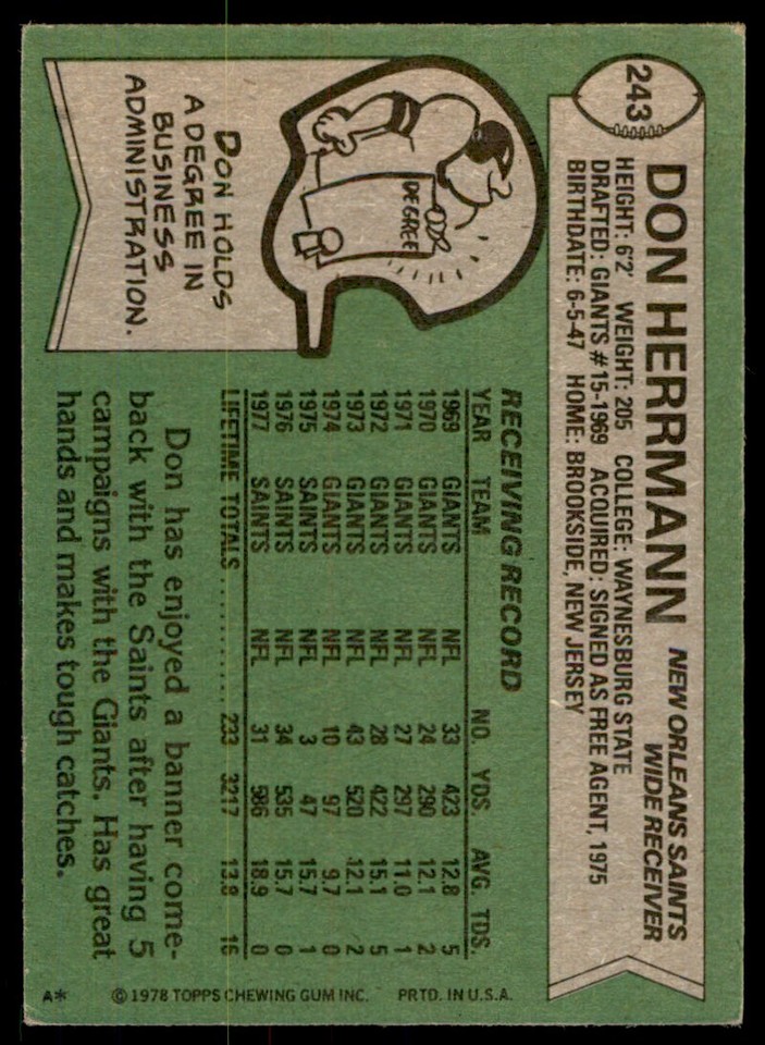 1978 TOPPS DON HERRMANN NEW ORLEANS SAINTS #243 | eBay