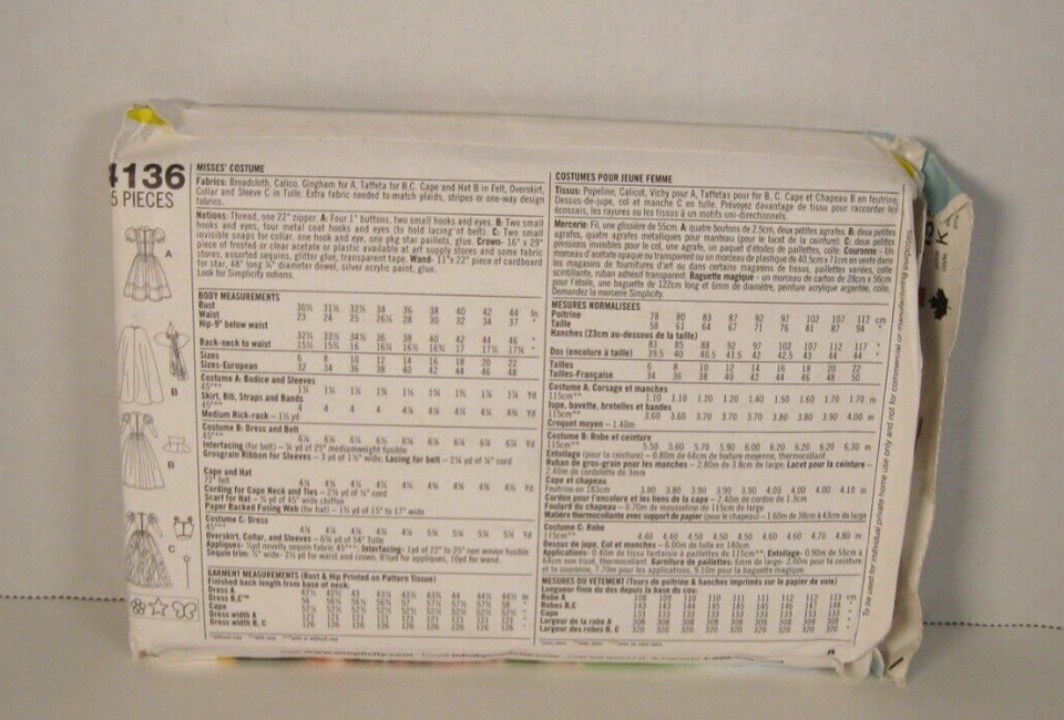 Simplicity 4136 Oz Wicked Witch, Glenda Adult Costume Pattern Misses' 6 ...