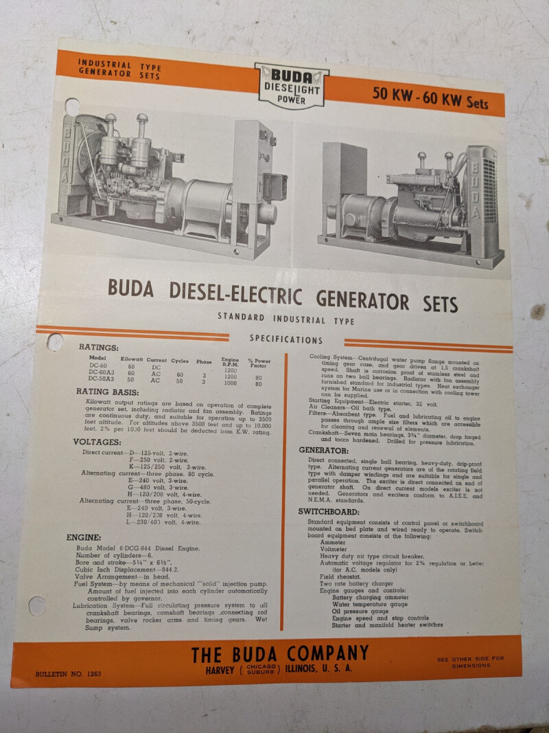 BUDA DIESEL ELECTRIC GENERATOR SETS SPECIFICATIONS SALES BROCHURE 1948 ...