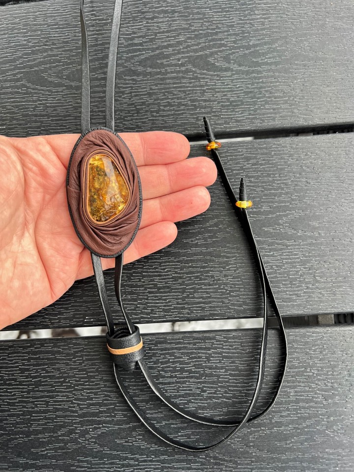 Amber Bolo Tie with genuine Leather. Western Necklace. 100% Cowboy Bolo ...