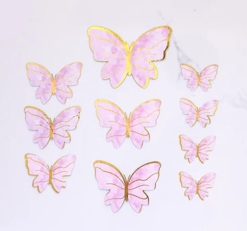 10 Pink And Gold Card Butterfly Toppers With Wires , Variety Of Sizes ...