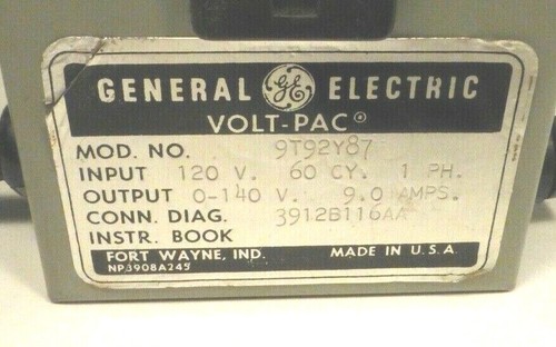 VARIAC General Electric Volt-Pac 9T92Y87 /9 AMP OUTPUT / 120 V INPUT ...