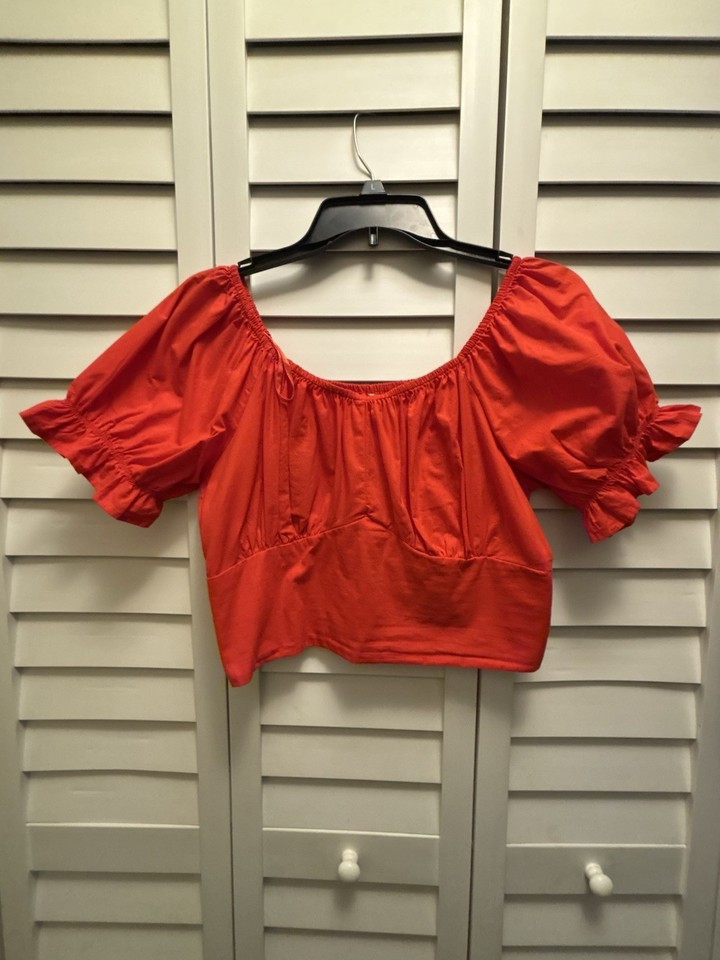 Sim & Sam Shirt Women’s XL Coral Off-Shoulder Puff Crop Boho Festival ...