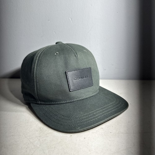 COACH Flat Brim Strap back Cap Cotton Blend Leather Patch Hat Green ...