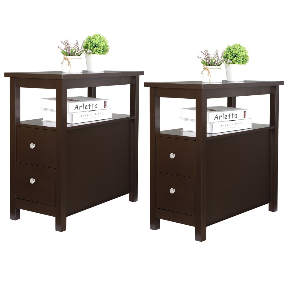 Set of 2 Chairside End Table with 2 Drawer Shelf Narrow Table for ...