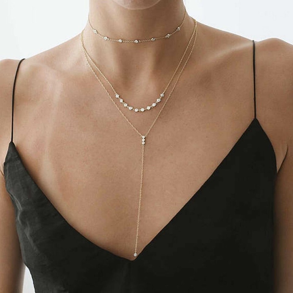 Natural Diamond Drop Chain Necklace in 14k Yellow Gold Handmade NEW ...