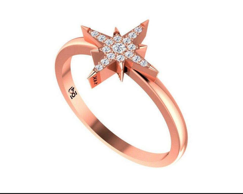 8 Pointed Star Ring 17 Natural Diamonds Solid 14K Gold Jewelry Made in ...