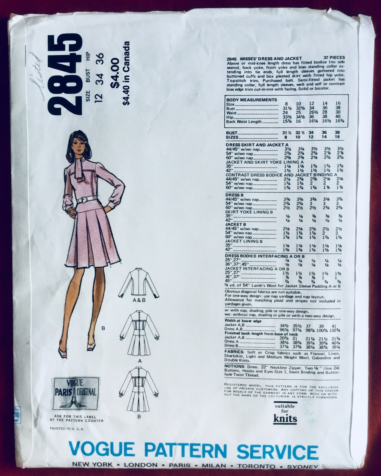 VOGUE 2845 PARIS ORIGINAL PIERRE BALMAIN PATTERN MISSES DRESS JACKET SZ ...