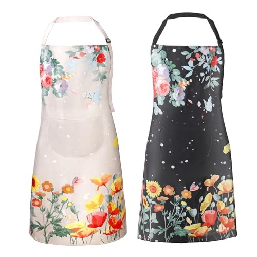 2 Pack Floral Aprons for Women with Pockets, Waterproof Aprons Small ...