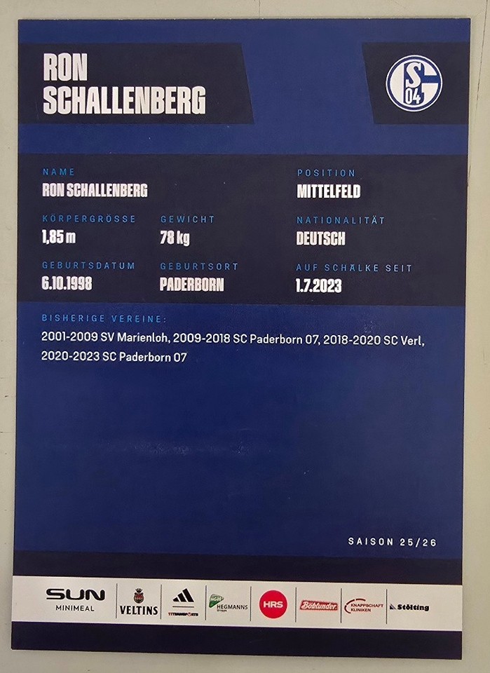 RON SCHALLENBERG SCHALKE 04 AUTOGRAMMKARTE 2025/2026 ORIGINAL SIGNIERT ...