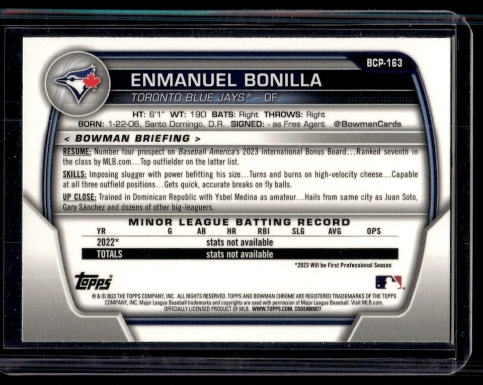 2023 Bowman Chrome Prospects 1st Enmanuel Bonilla RC Toronto Blue Jays ...