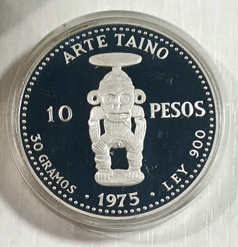 1975 10 Pesos Dominican Republic Taino Art Silver Proof? Coin in Box ...