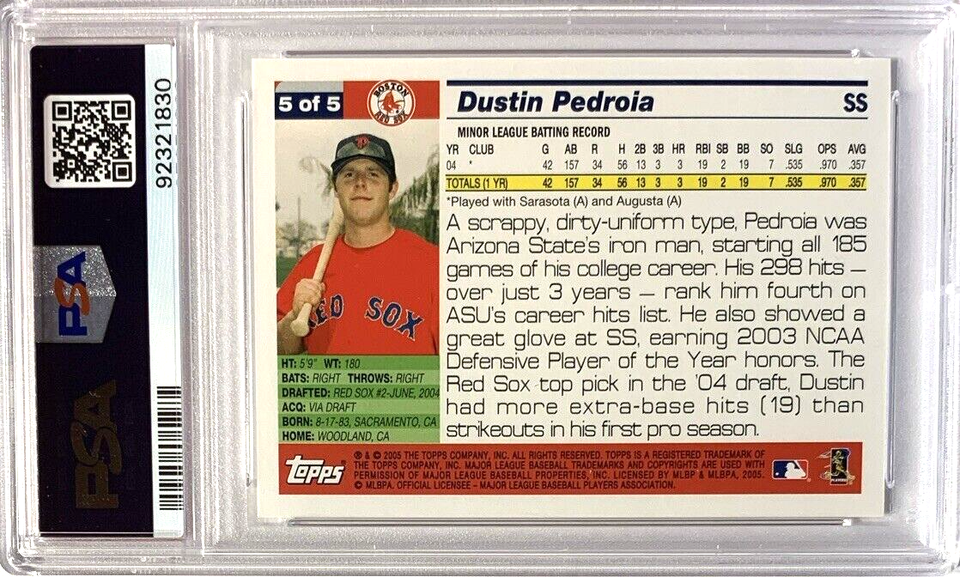 2005 TOPPS FACTORY SP #5 DUSTIN PEDROIA ROOKIE FUTURE HOF? RED SOX PSA ...