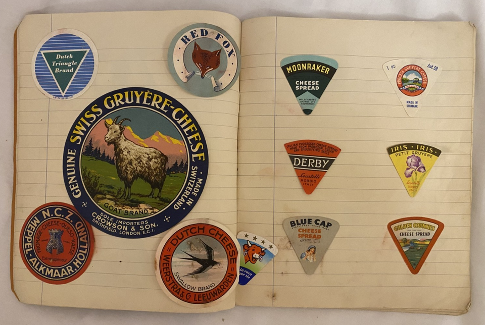 70 small cheese labels and 17 large cheese labels in exercise book inc ...
