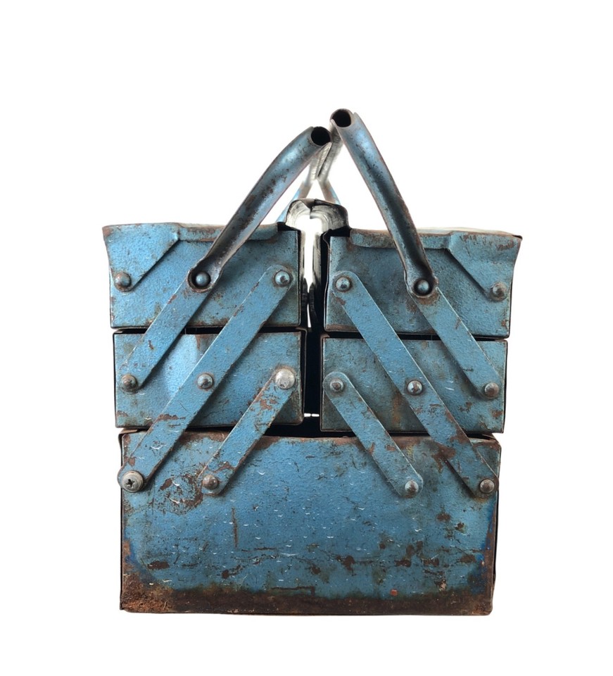 Vintage Blue Metal Cantilever Fold Out Tool Storage Box Tackle Storage ...