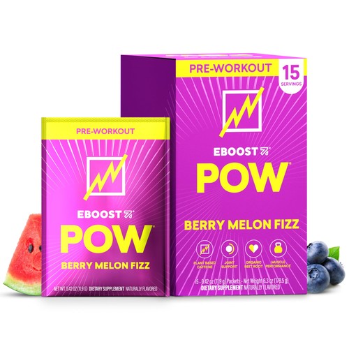 EBOOST POW Natural Pre Workout Powder - 15 Packets Berry Melon Fizz ...