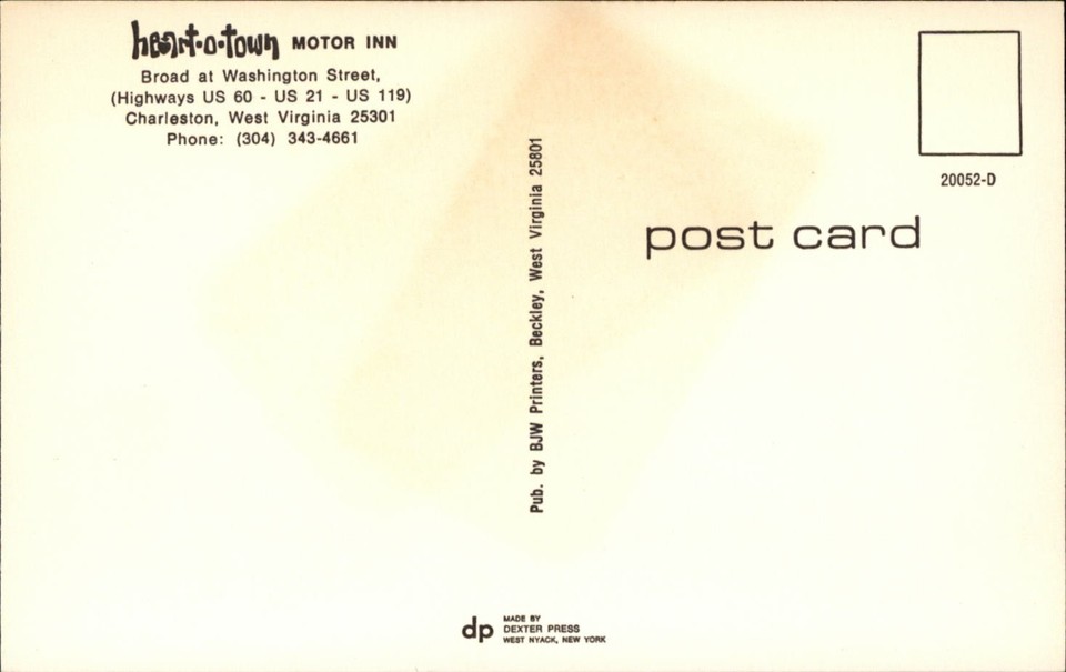 Heart-o-Town Motor Inn Charleston WV artist rendering vintage postcard s322 | eBay UK