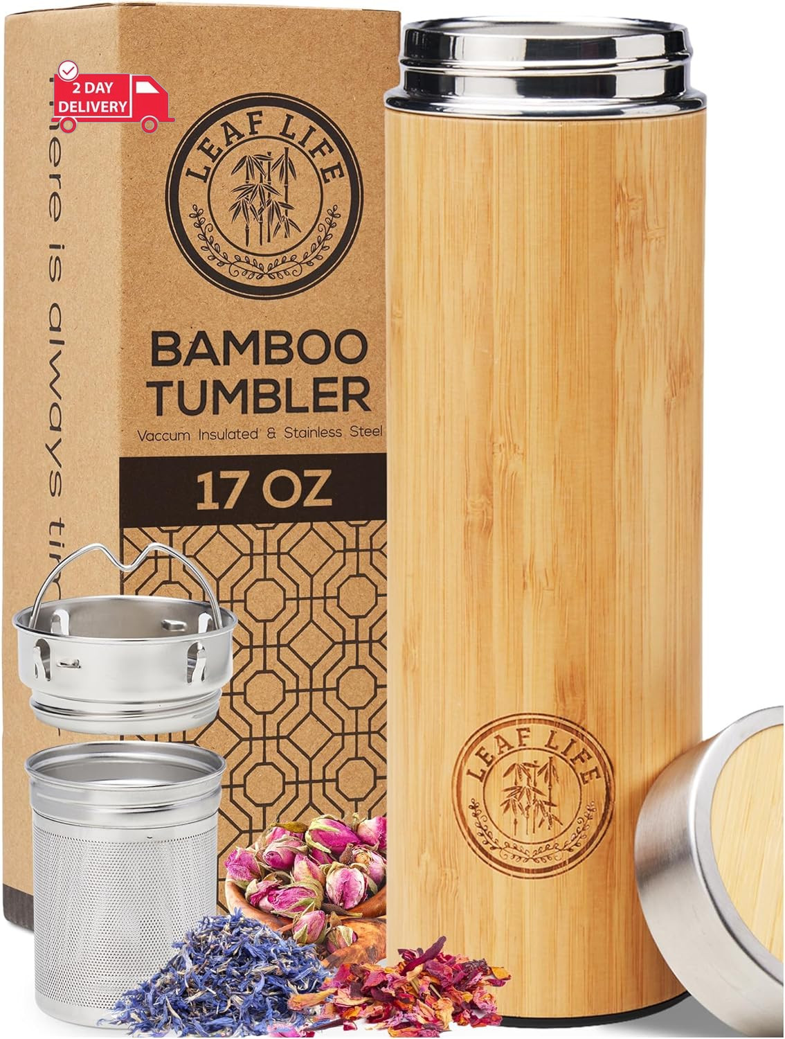 Premium Bamboo Thermos with Tea Infusers for Loose Tea 17Oz - Hot ...