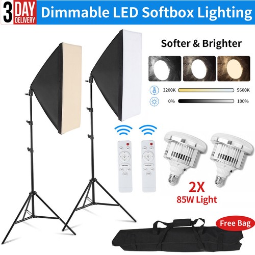 2x Photography Studio Dimmable LED Softbox Lighting 85W Soft Box Light ...