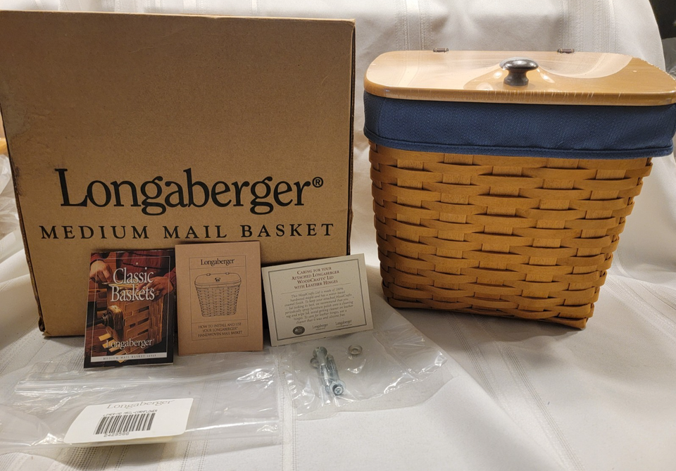 Longaberger 2000 MEDIUM Mail Basket leather sealed lid, liner protector ...