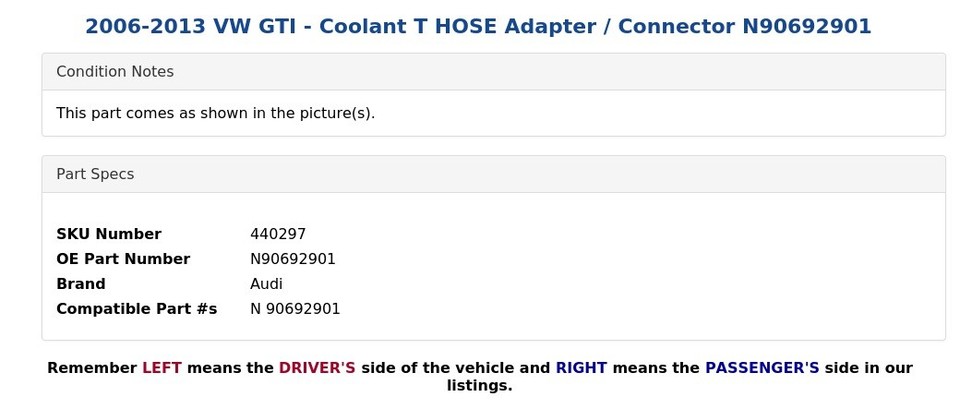 2006-2013 VW GTI - Coolant T HOSE Adapter / Connector N90692901 | eBay UK