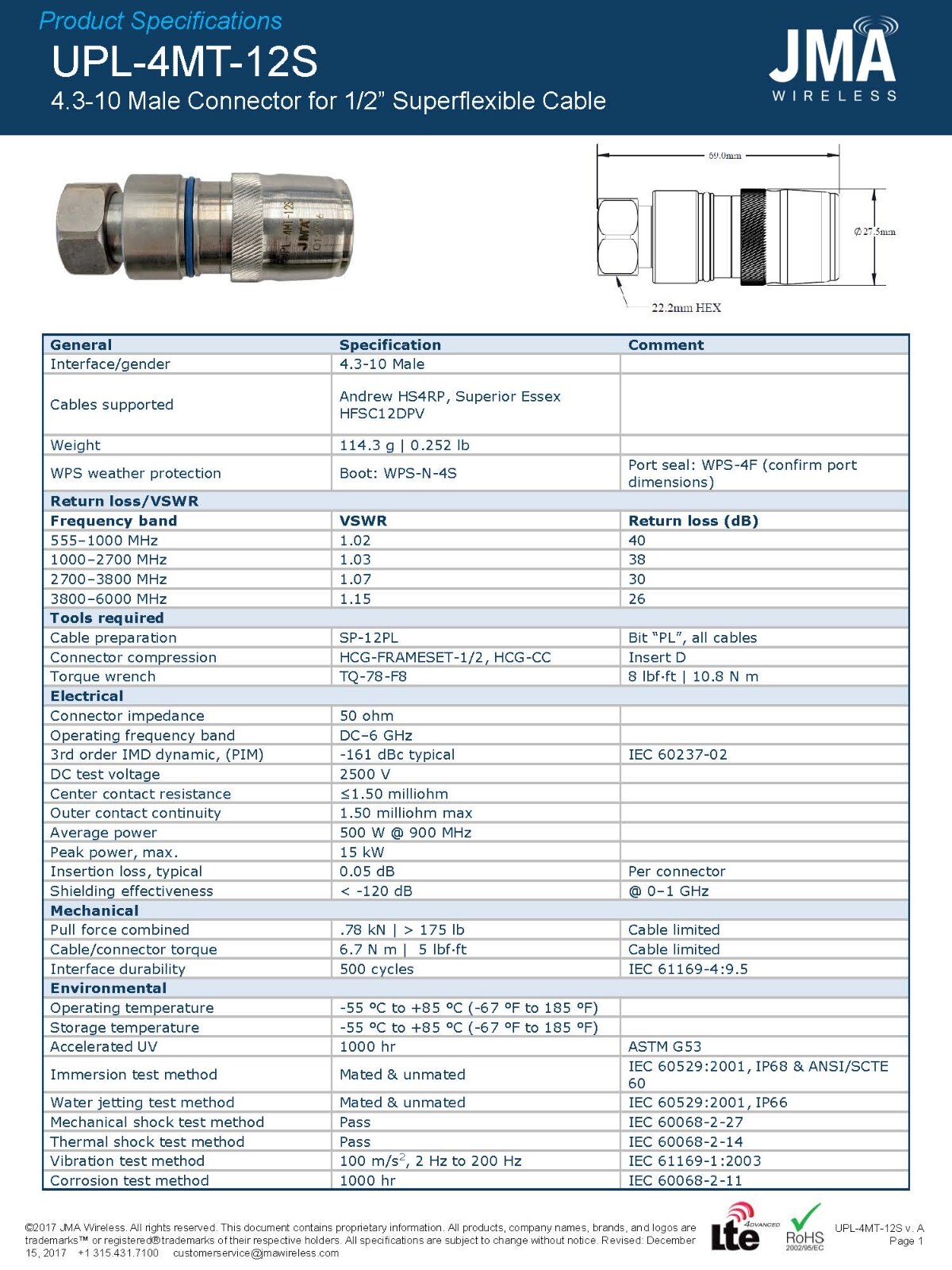 JMA Wireless 4.3-10 Male Connector for 1/2” Superflexible UPL-4MT-12S ...