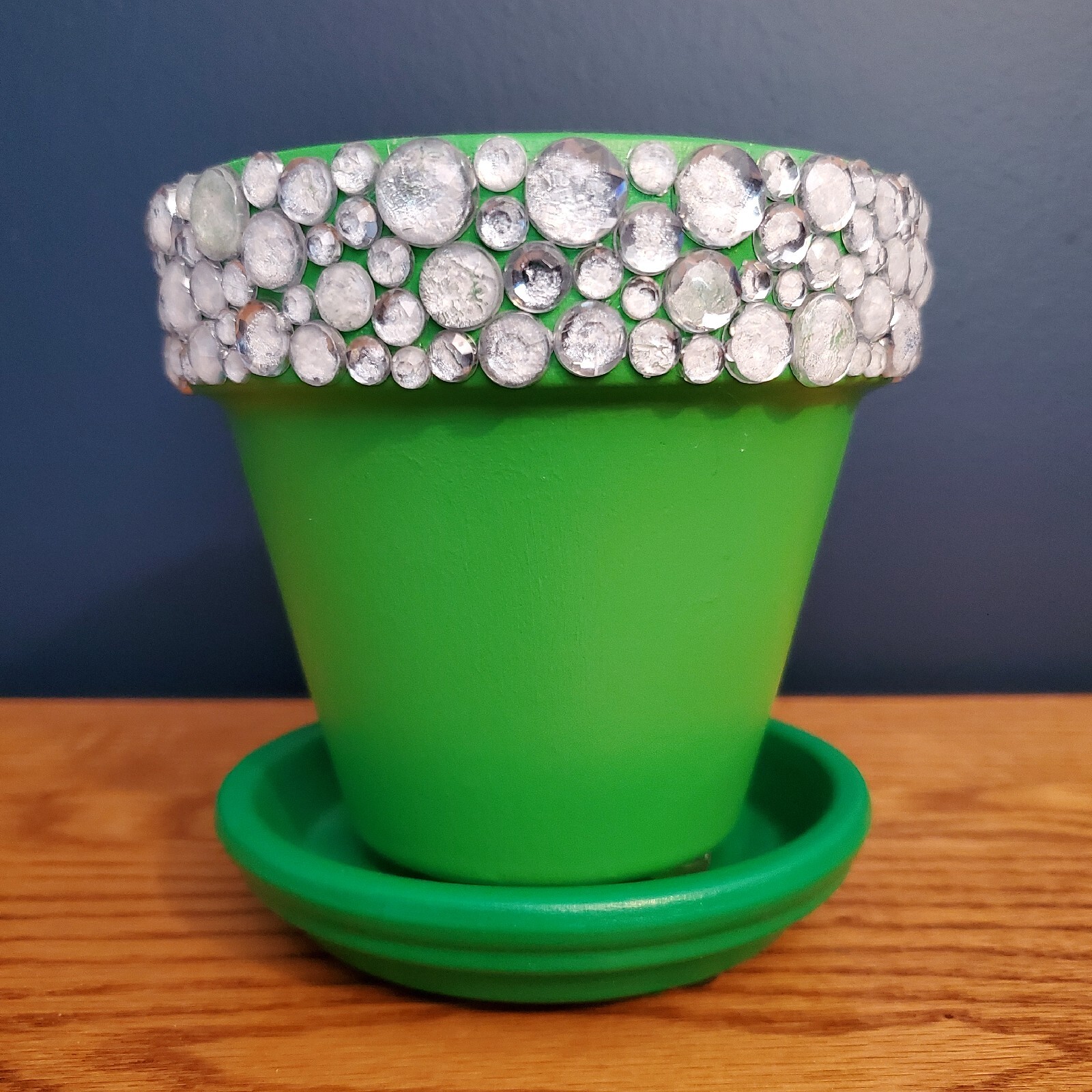 Green Handpainted Crystal Acrylic Gems Terra Cotta Clay Planter Flower ...