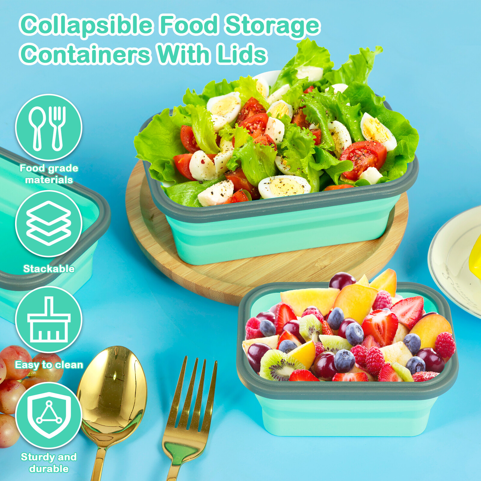 8Pcs Collapsible Food Storage Containers with Lids Flat Stacks Silicone ...