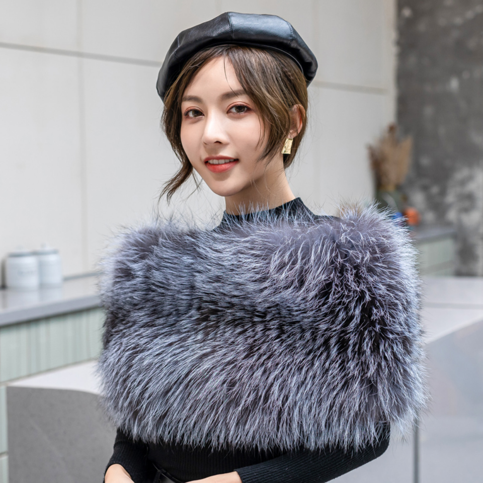 100% Real Silver Fox Fur &Raccoon Fur Wraps Shawl Pullover Cape Shrugs ...