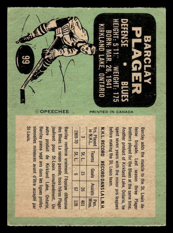 1970 OPC O-Pee-Chee Hockey #99 Barclay Plager VG/EX | eBay