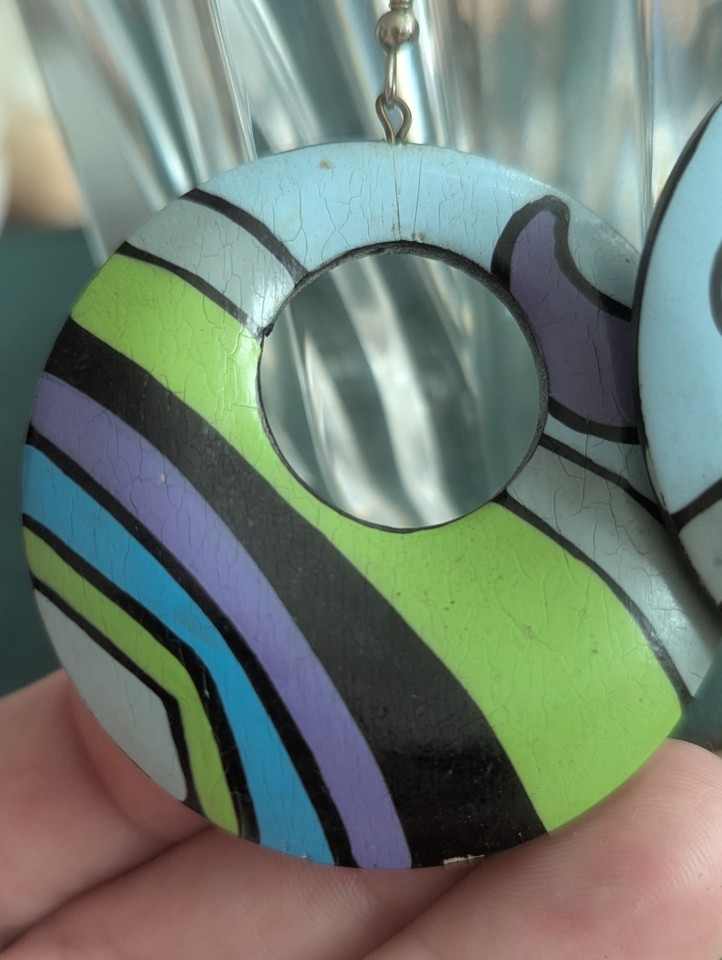 Vtg Painted Wood Disc Earrings Very Peter Max Psych Art Paisely Graphic ...