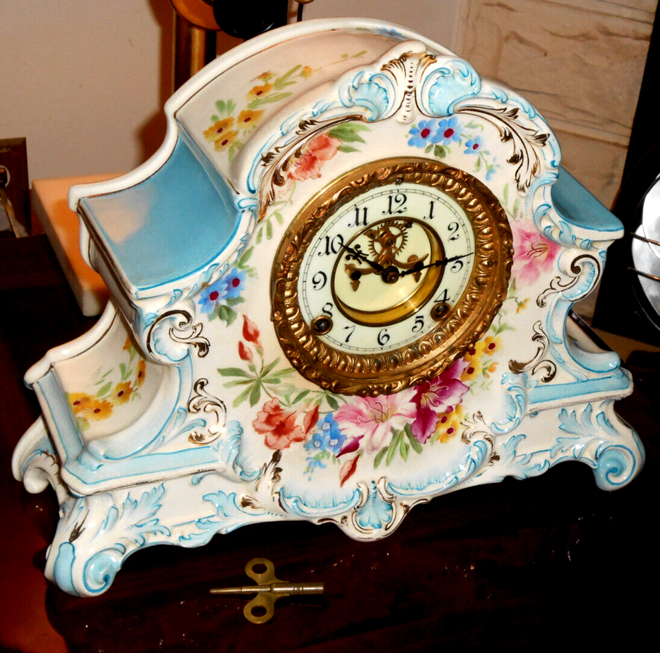 ANTIQUE ANSONIA ROYAL BONN "LA NORD" KEY WIND BONG STRIKE PORCELAIN ...