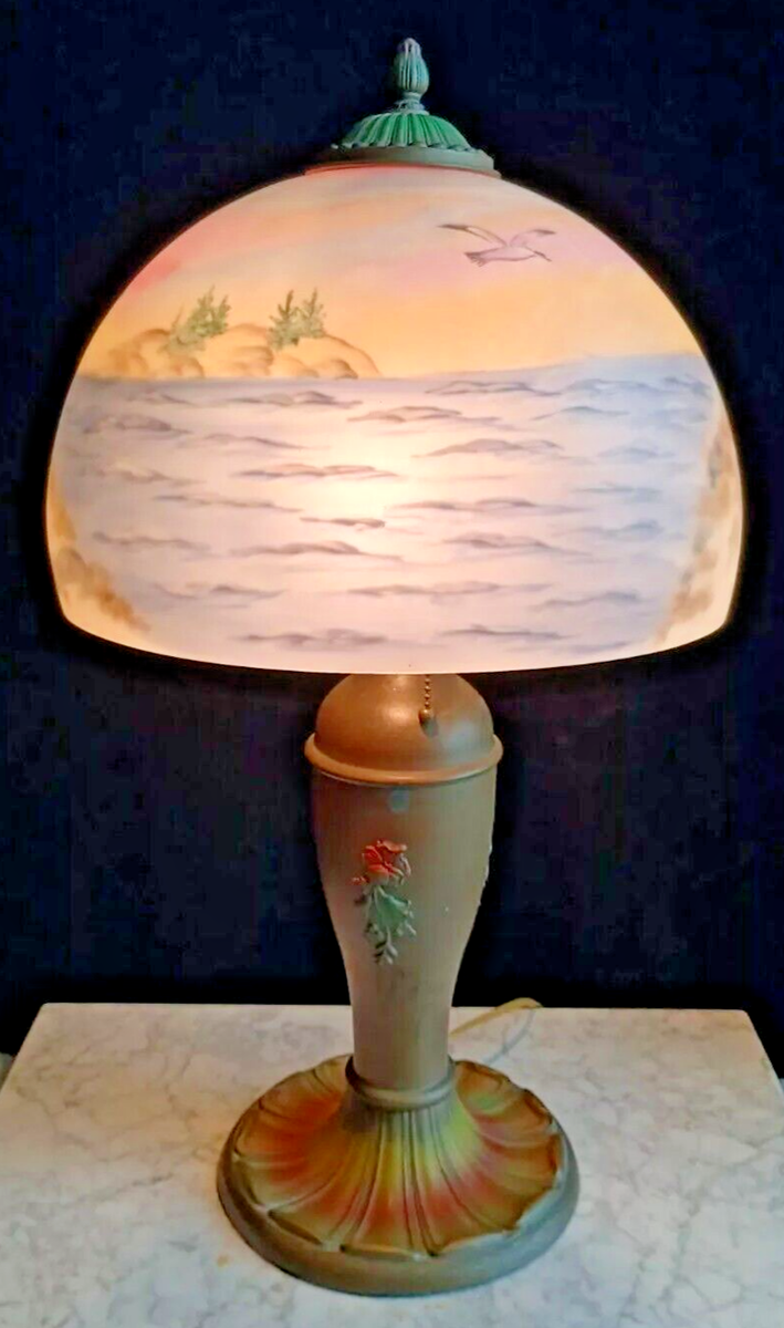 Antique Reverse Painted Glass Lamp Shades Lot A Pairpoint Art Glass