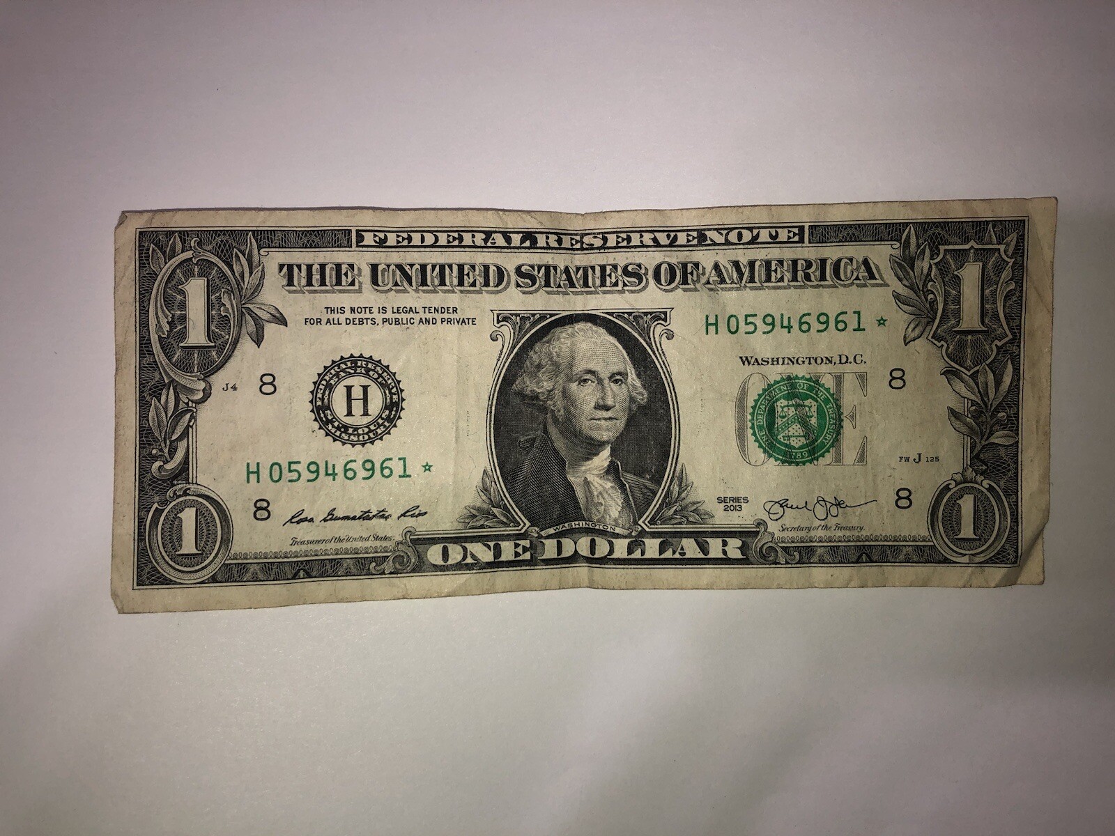 2013, $1 one Dollar Bill Star Note S/N H05946961* Collectible Star Note ...