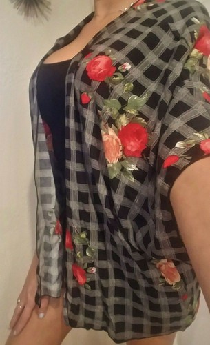 Boho Floral Print Black Plaid Red Rose Kimono Cardigan Hippie Duster ...
