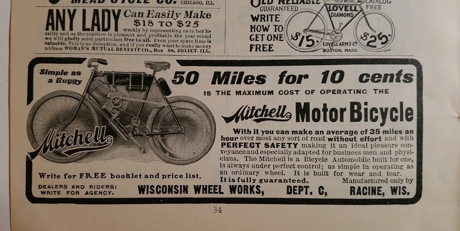 1902 Mitchell motor bicycle motorcycle 50 miles for $0.10 ten cents ...