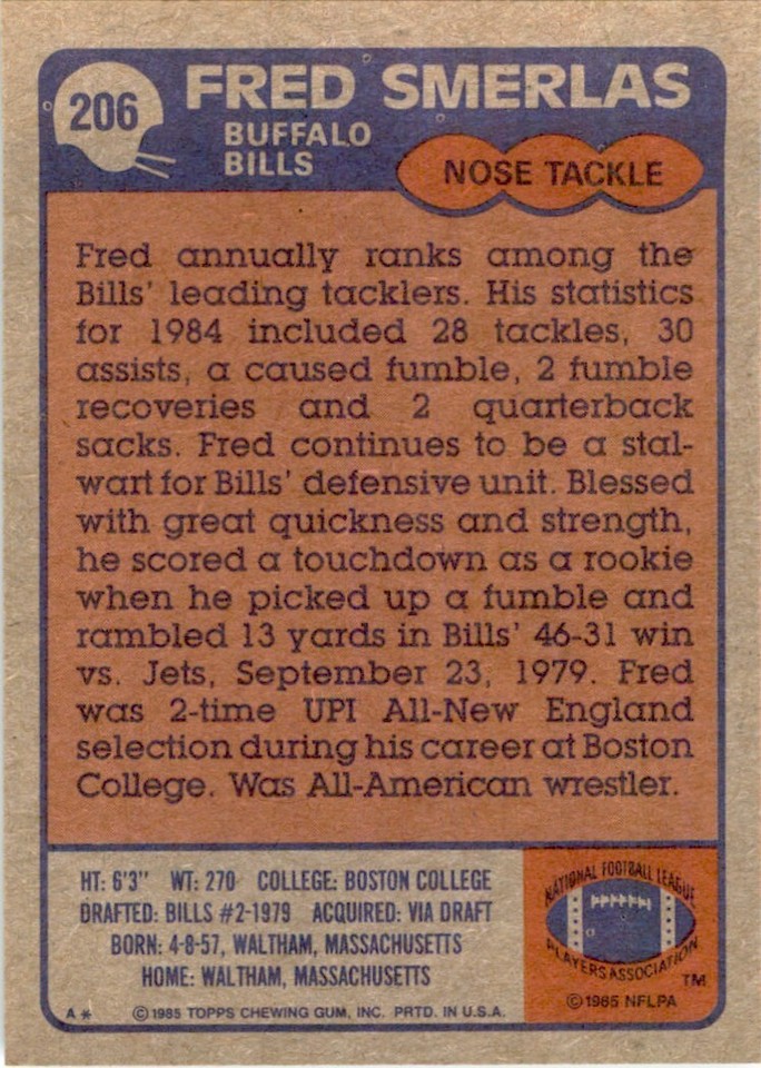 1985 TOPPS FRED SMERLAS BUFFALO BILLS #206 | eBay