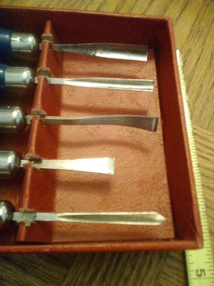 Vintage Sears Craftsman 5 Piece Chisel Gouge Carving Tool Set Blue Wood ...