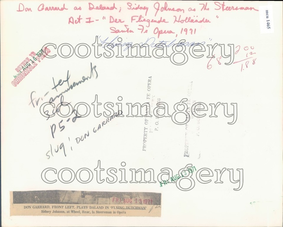 1971 Scene From Santa Fe Opera Flying Dutchman Don Garrard Press Photo ...